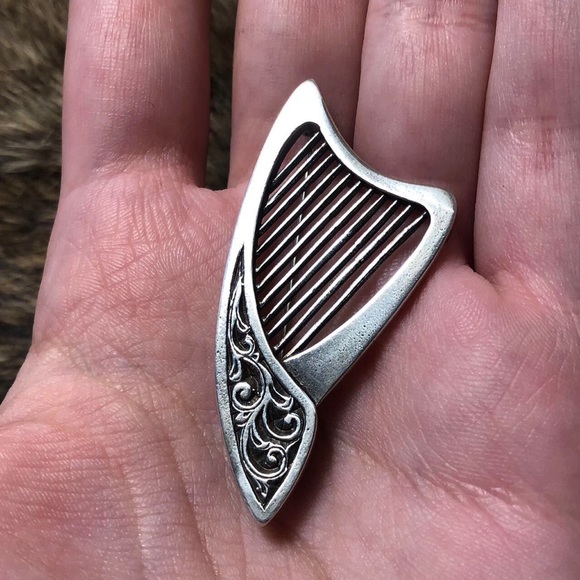 Jewelry | Vintage Sterling Silver Harp Brooch With Gorgeous Swirly Base ...